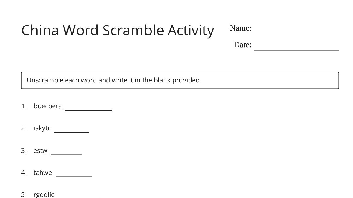 China Word Scramble Activity - My Worksheet Maker: Create Your Own ...