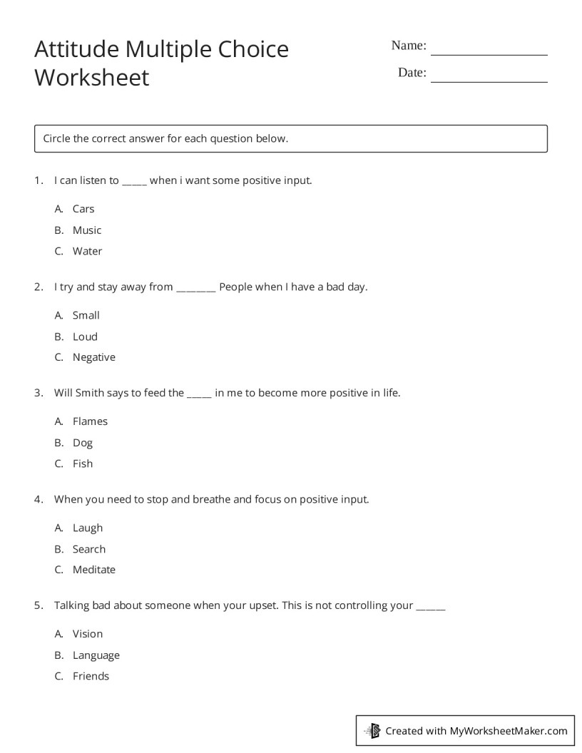 Attitude Multiple Choice Worksheet - My Worksheet Maker: Create Your ...