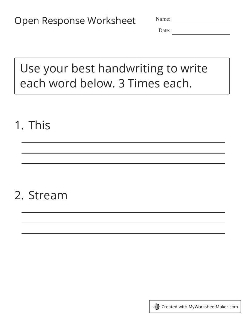 Open Response Worksheet - My Worksheet Maker: Create Your Own Worksheets