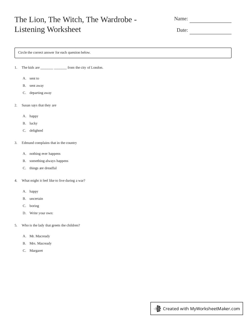 The Lion, The Witch, The Wardrobe - Listening Worksheet - My Worksheet ...