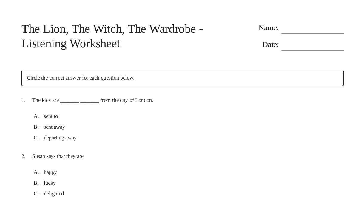 The Lion, The Witch, The Wardrobe - Listening Worksheet - My Worksheet ...