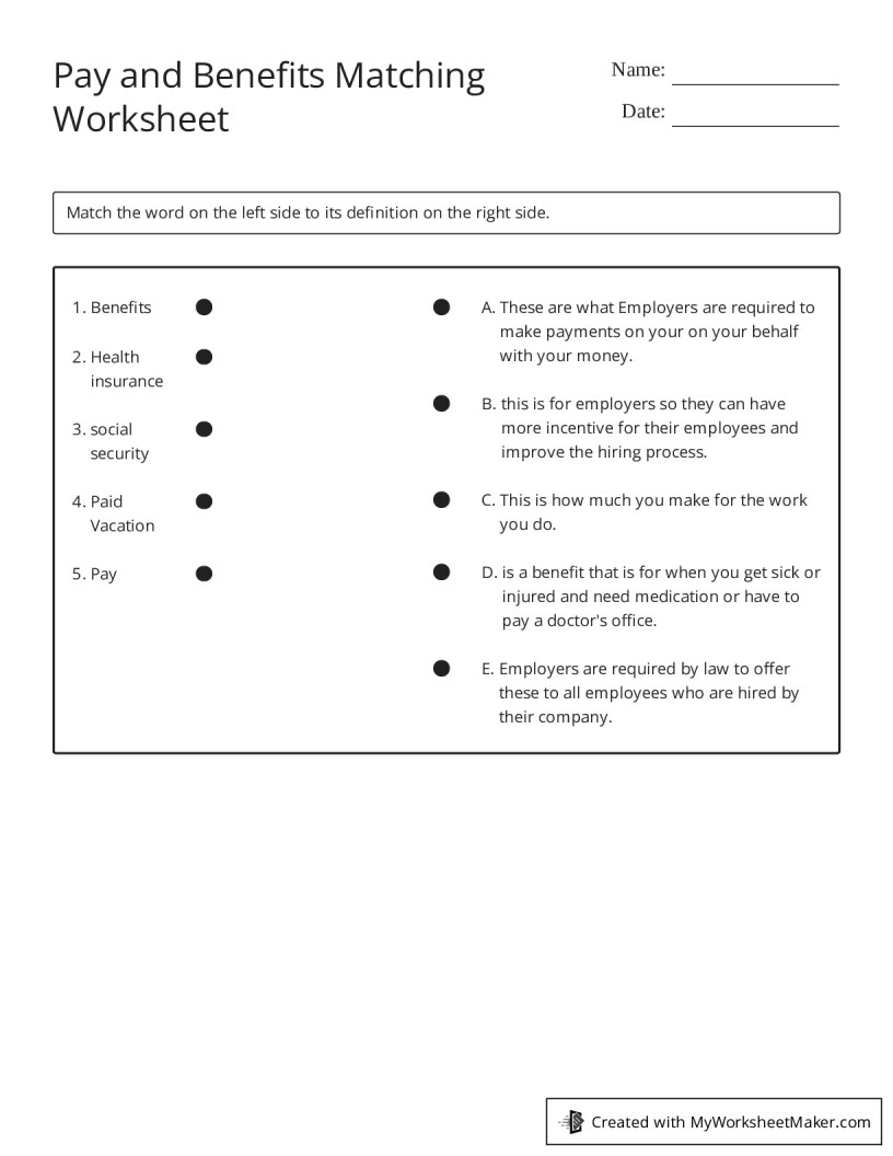 Pay and Benefits Matching Worksheet - My Worksheet Maker: Create Your ...