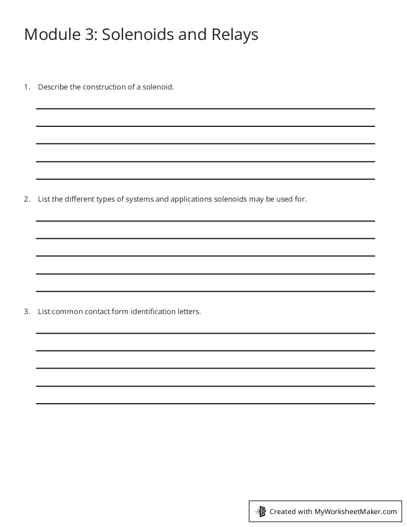 Module 3: Solenoids and Relays - My Worksheet Maker: Create Your Own ...