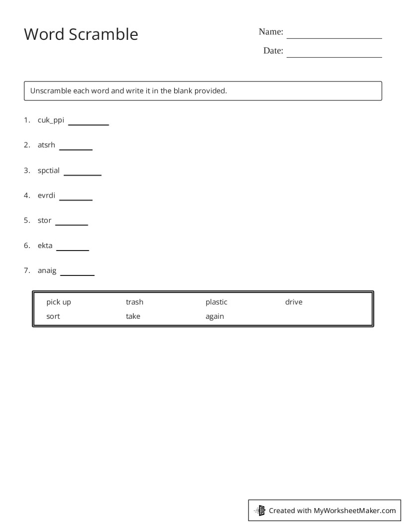 Word Scramble - My Worksheet Maker: Create Your Own Worksheets