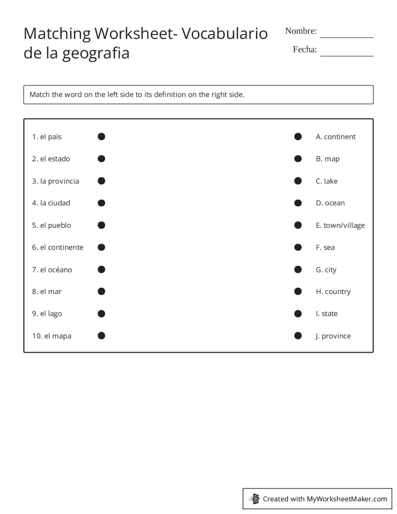 Matching Worksheet- Vocabulario de la geografia - My Worksheet Maker ...