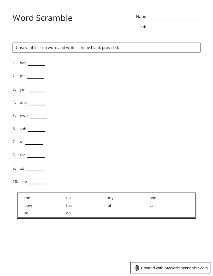 Word Scramble - My Worksheet Maker: Create Your Own Worksheets