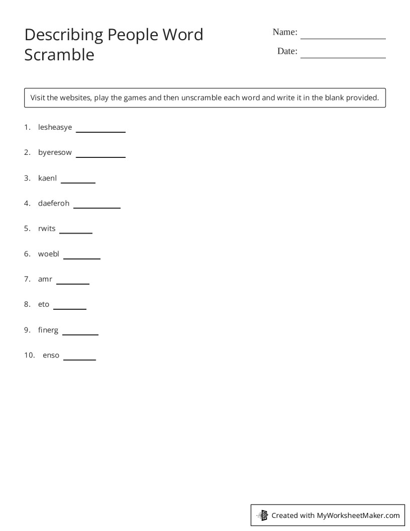 Describing People Word Scramble - My Worksheet Maker: Create Your Own ...