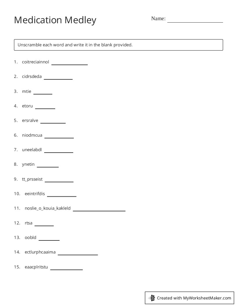 Medication Medley - My Worksheet Maker: Create Your Own Worksheets