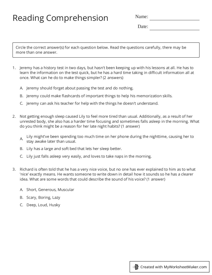 Reading Comprehension - My Worksheet Maker: Create Your Own Worksheets