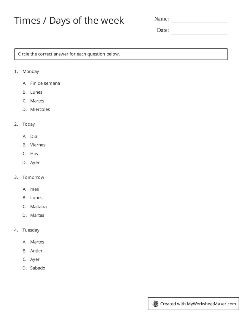 Times / Days of the week - My Worksheet Maker: Create Your Own Worksheets