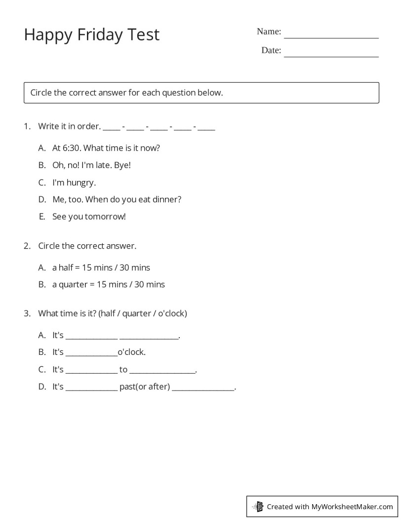 Happy Friday Test 🥳 - My Worksheet Maker: Create Your Own Worksheets