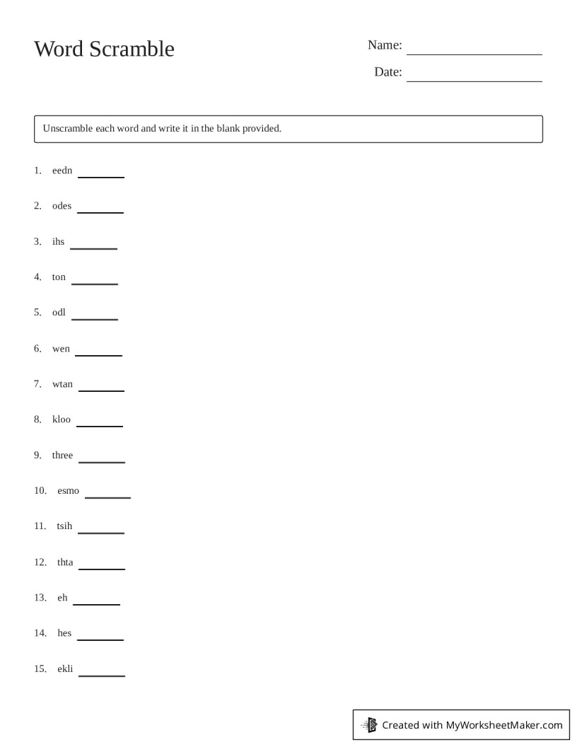 Word Scramble - My Worksheet Maker: Create Your Own Worksheets