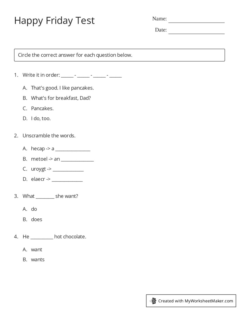 Happy Friday Test 🥳 - My Worksheet Maker: Create Your Own Worksheets
