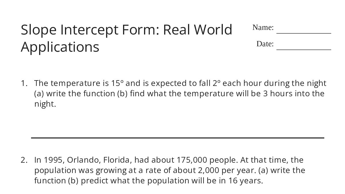 Slope Intercept Form: Real World Applications - My Worksheet Maker ...