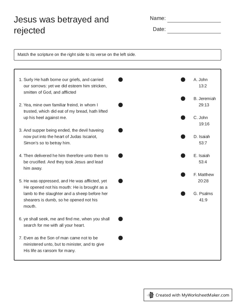 Jesus was betrayed and rejected - My Worksheet Maker: Create Your Own ...