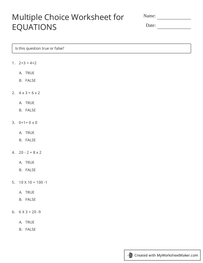 Multiple Choice Worksheet for EQUATIONS - My Worksheet Maker: Create ...
