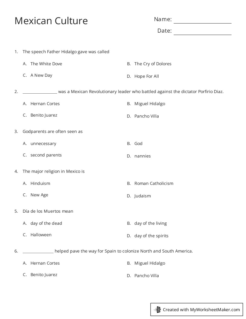 Mexican Culture - My Worksheet Maker: Create Your Own Worksheets