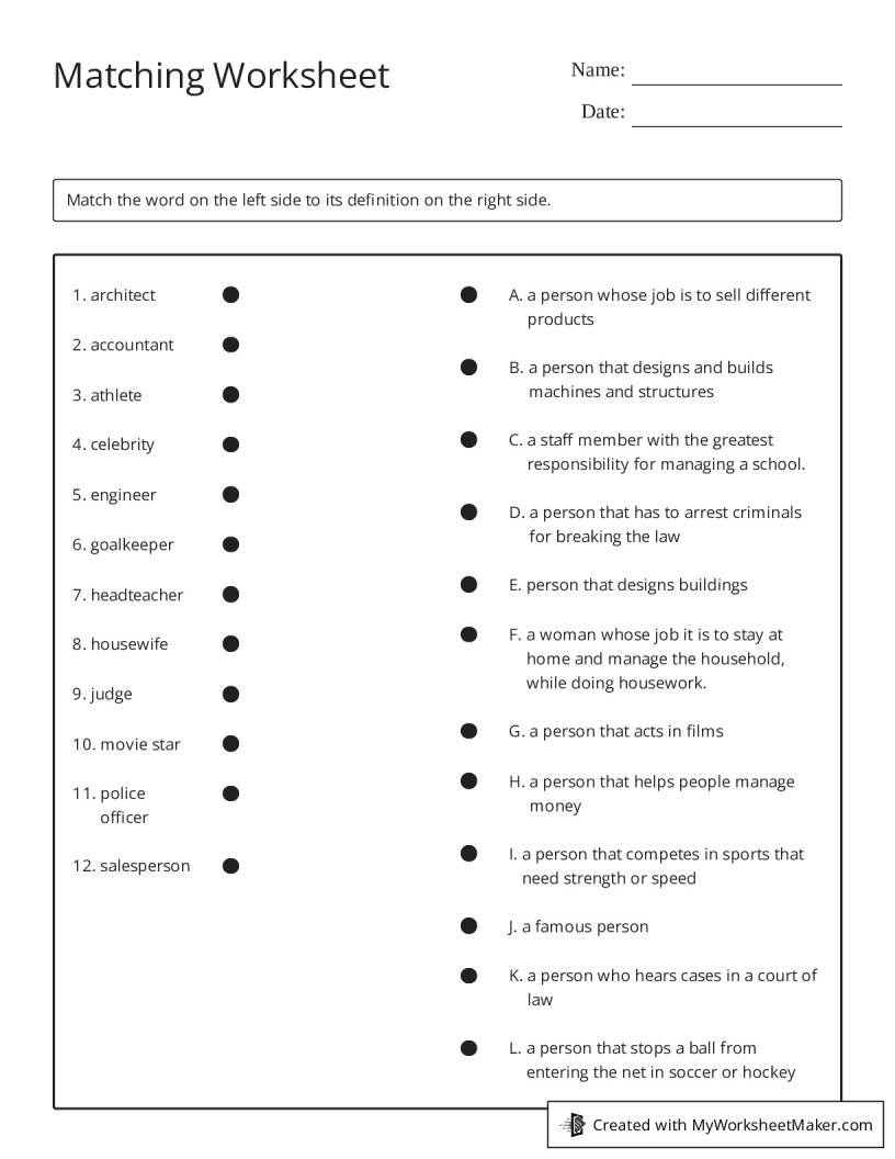 Matching Worksheet - My Worksheet Maker: Create Your Own Worksheets
