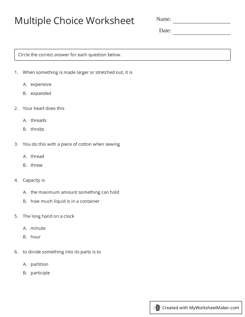 Multiple Choice Worksheet - My Worksheet Maker: Create Your Own Worksheets