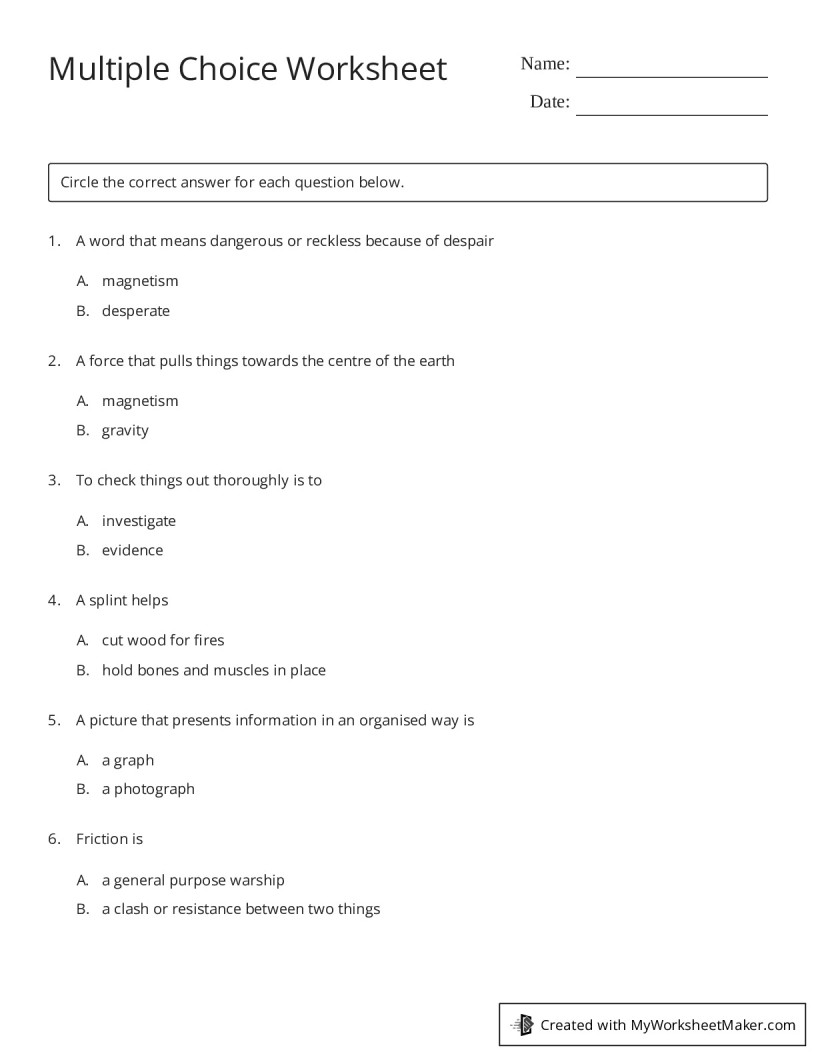 Multiple Choice Worksheet - My Worksheet Maker: Create Your Own Worksheets