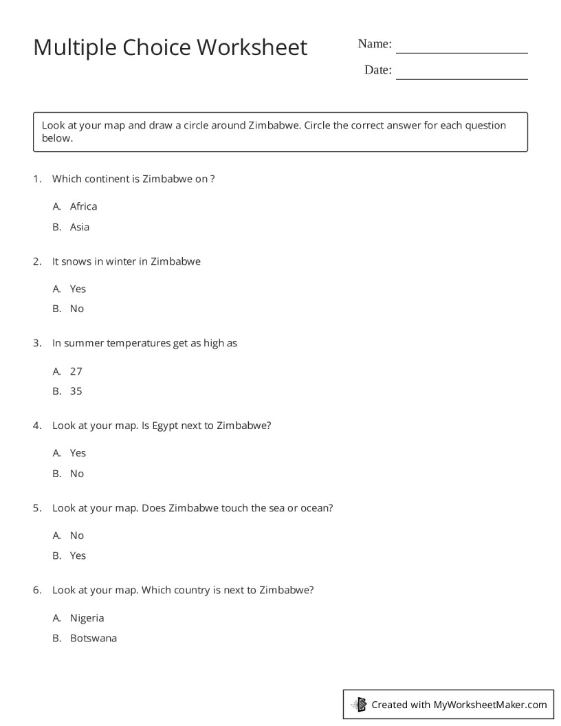 Multiple Choice Worksheet - My Worksheet Maker: Create Your Own Worksheets