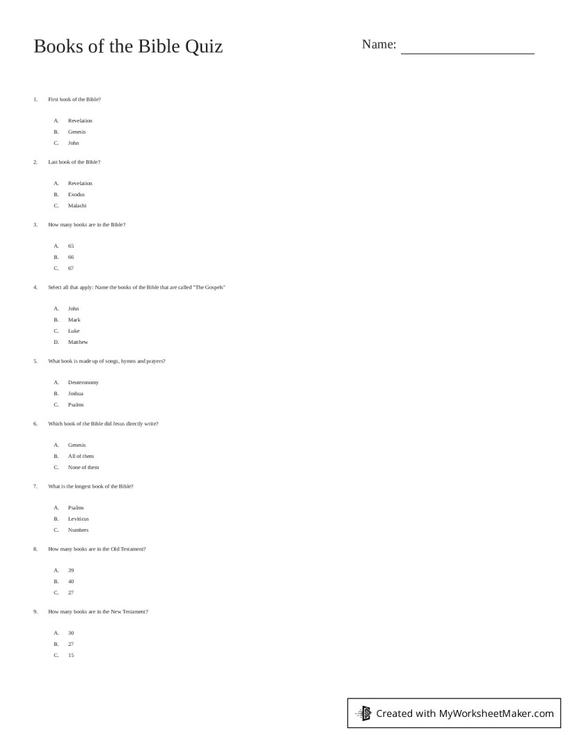 Books of the Bible Quiz - My Worksheet Maker: Create Your Own Worksheets