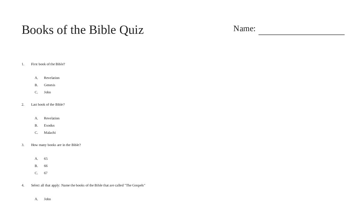 Books of the Bible Quiz - My Worksheet Maker: Create Your Own Worksheets