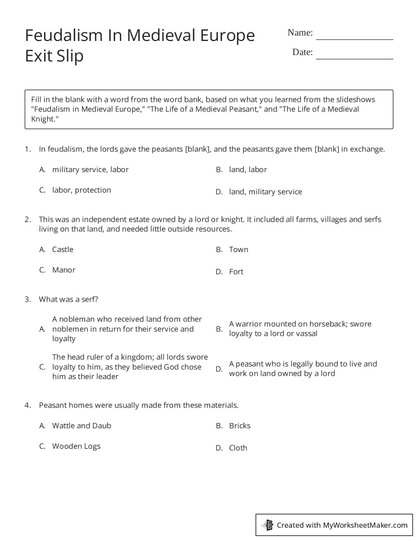 Feudalism In Medieval Europe Exit Slip - My Worksheet Maker: Create ...
