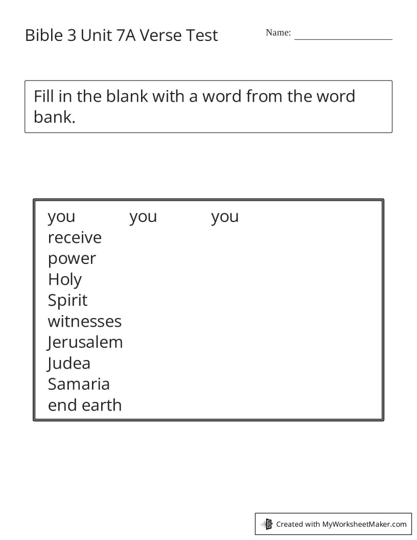 Bible 3 Unit 7A Verse Test - My Worksheet Maker: Create Your Own Worksheets