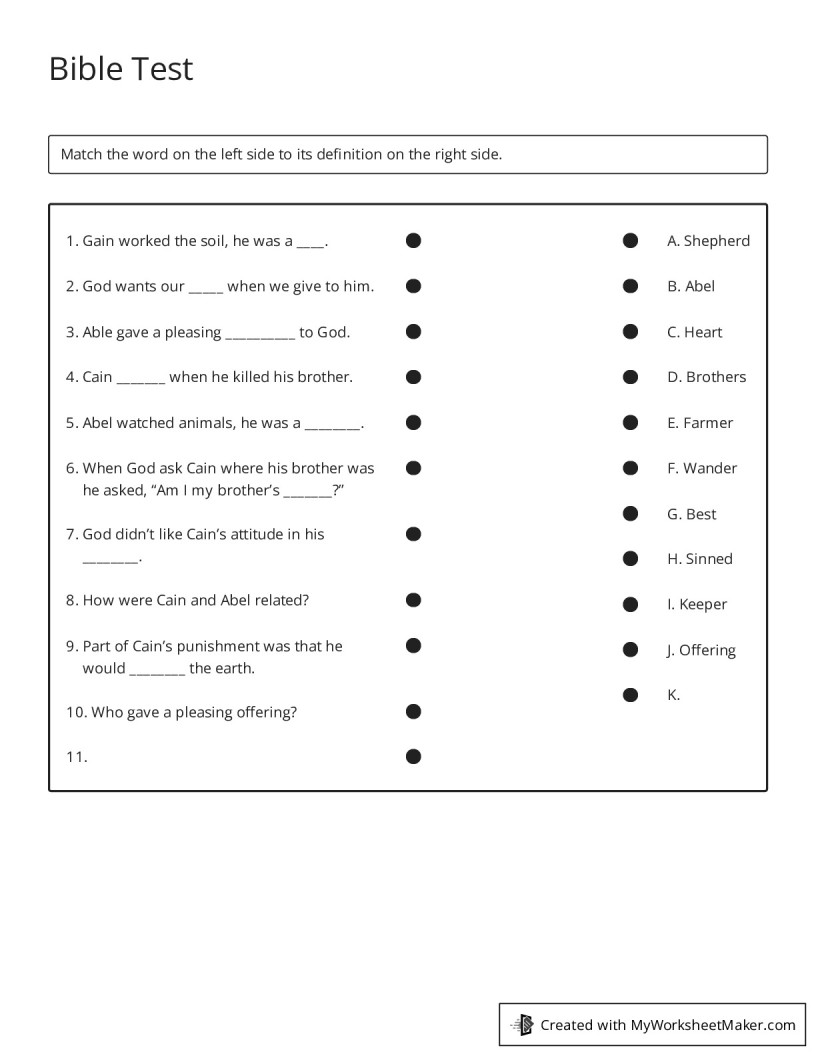 Bible Test - My Worksheet Maker: Create Your Own Worksheets