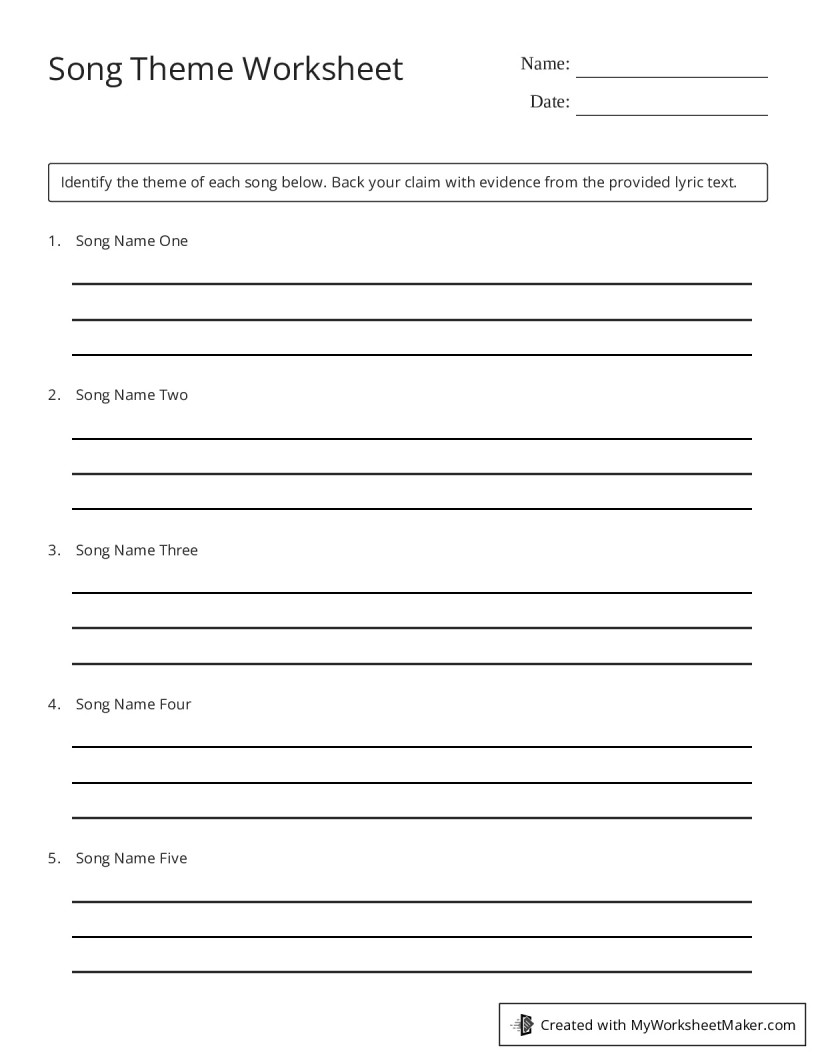 Song Theme Worksheet - My Worksheet Maker: Create Your Own Worksheets