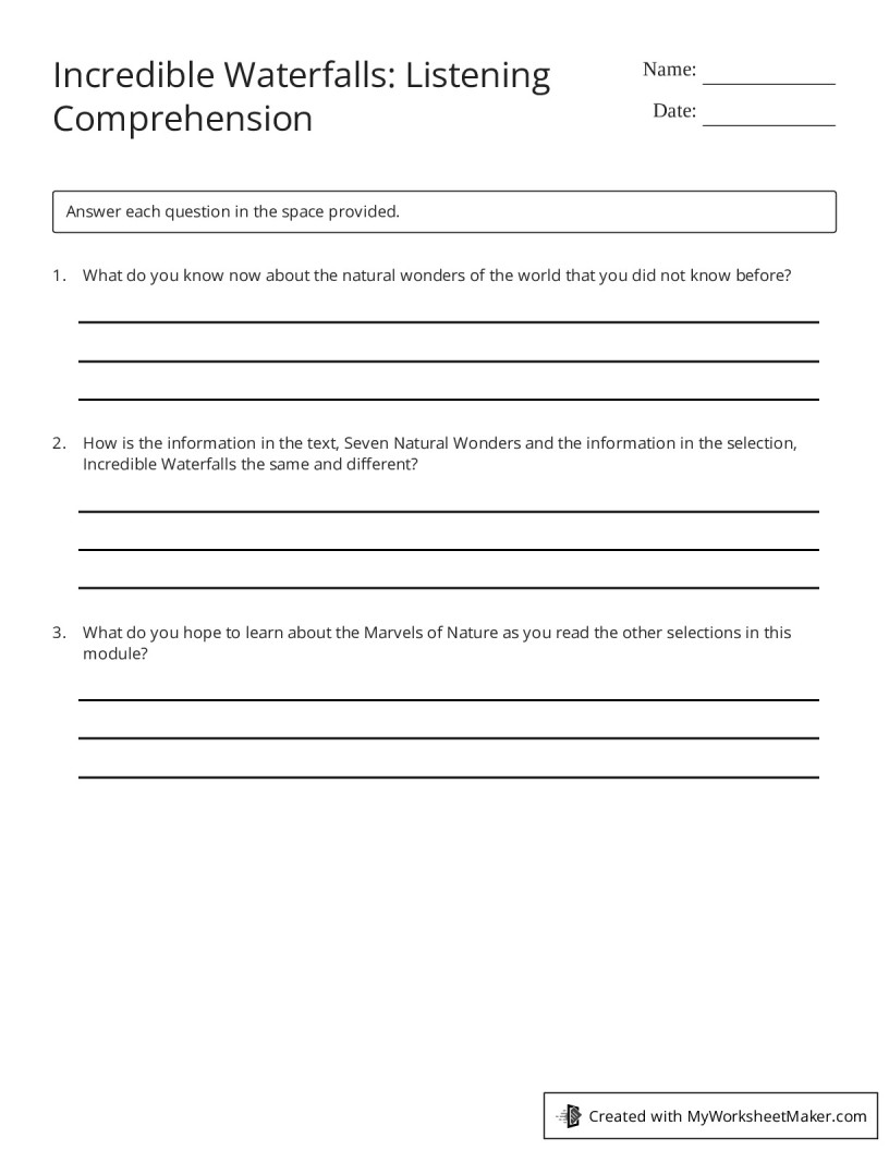 Incredible Waterfalls: Listening Comprehension - My Worksheet Maker ...