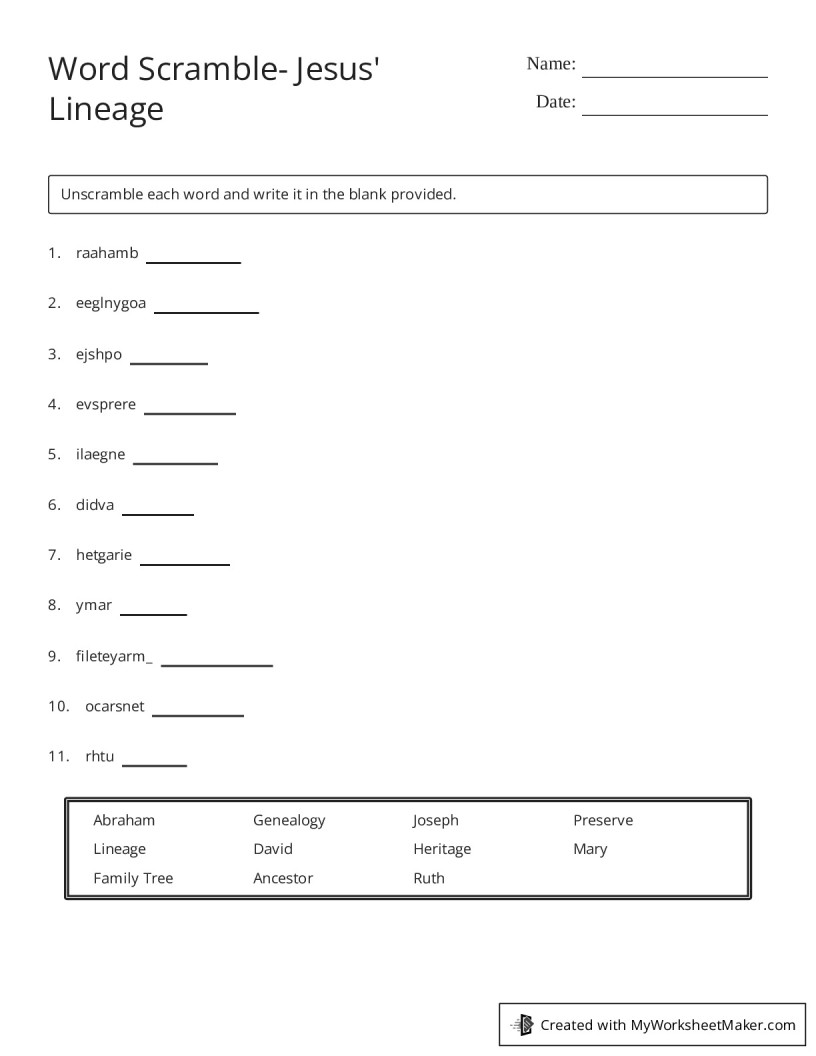 Word Scramble- Jesus' Lineage - My Worksheet Maker: Create Your Own ...
