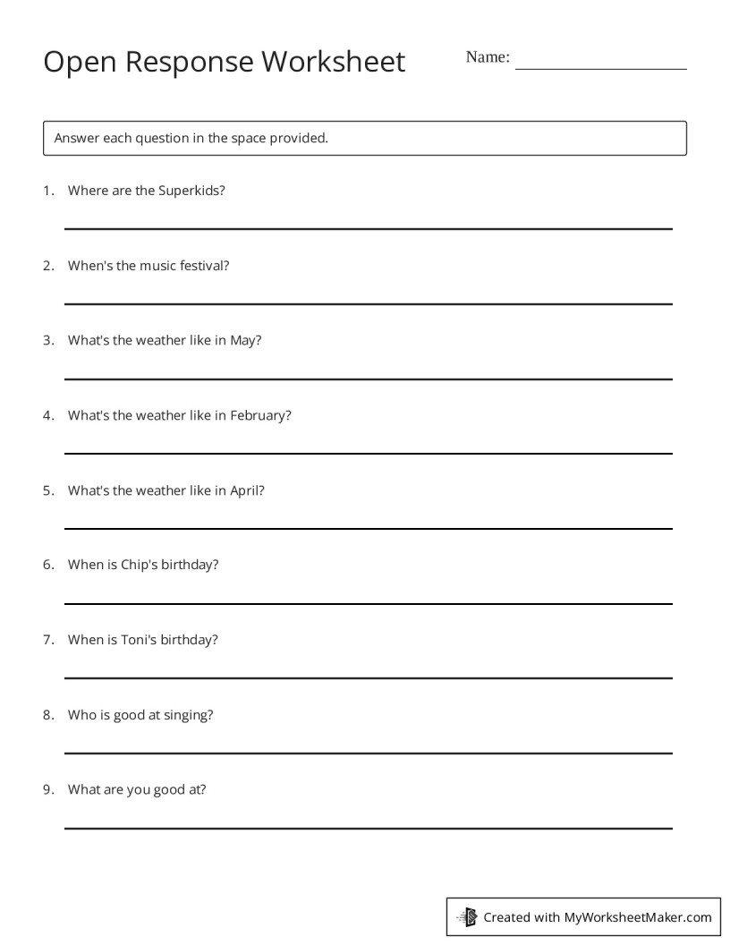 Open Response Worksheet - My Worksheet Maker: Create Your Own Worksheets