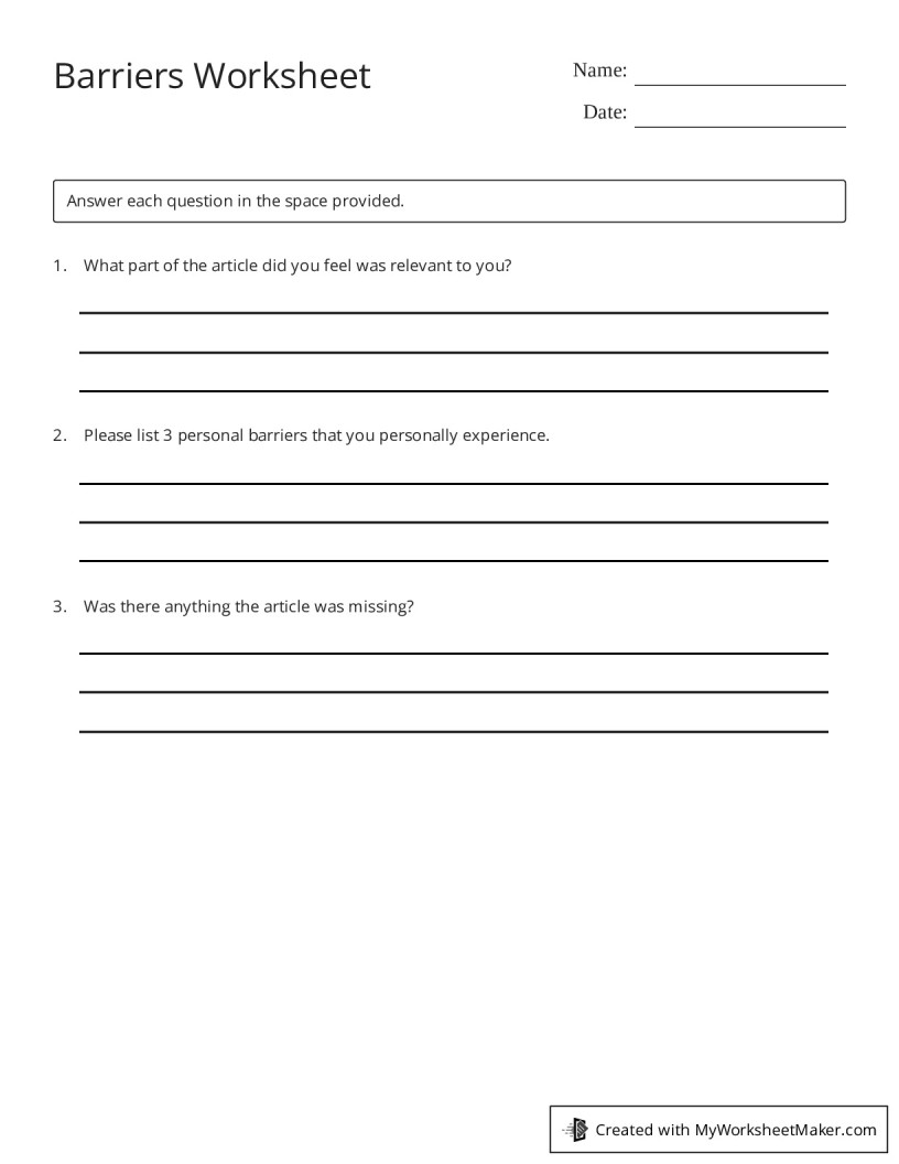Barriers Worksheet - My Worksheet Maker: Create Your Own Worksheets