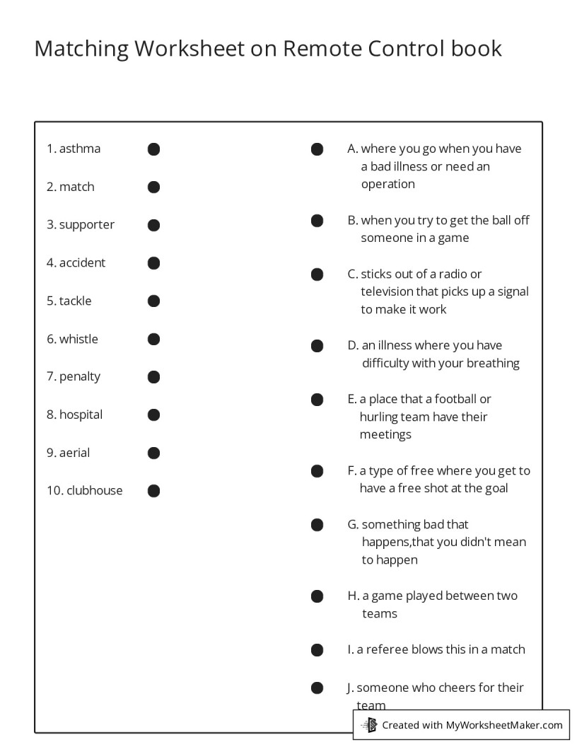 Matching Worksheet on Remote Control book - My Worksheet Maker: Create ...
