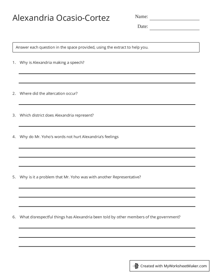Alexandria Ocasio-Cortez - My Worksheet Maker: Create Your Own Worksheets
