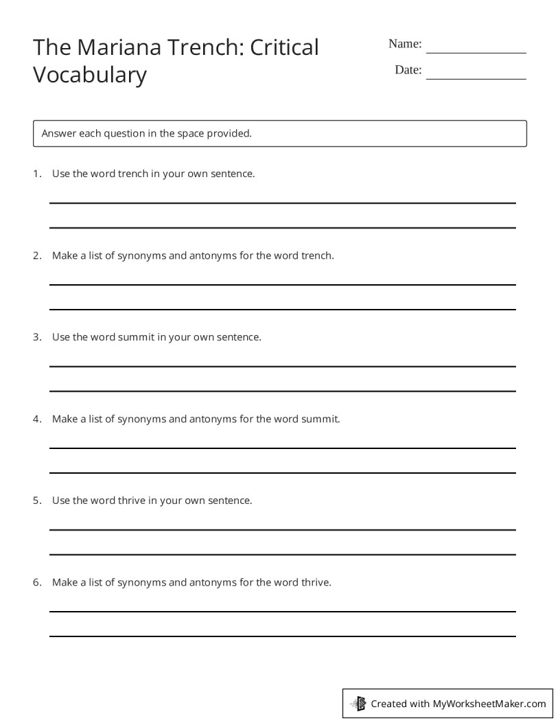 The Mariana Trench: Critical Vocabulary - My Worksheet Maker: Create ...