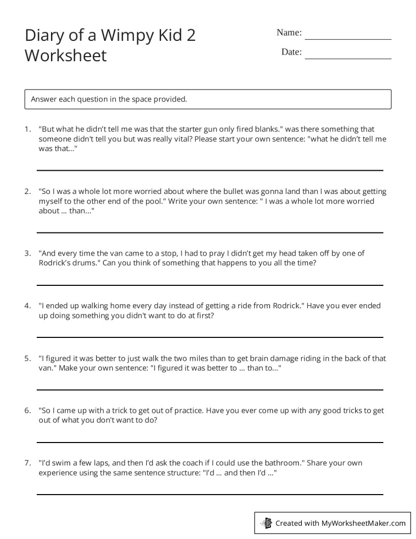 Diary of a Wimpy Kid 2 Worksheet - My Worksheet Maker: Create Your Own ...