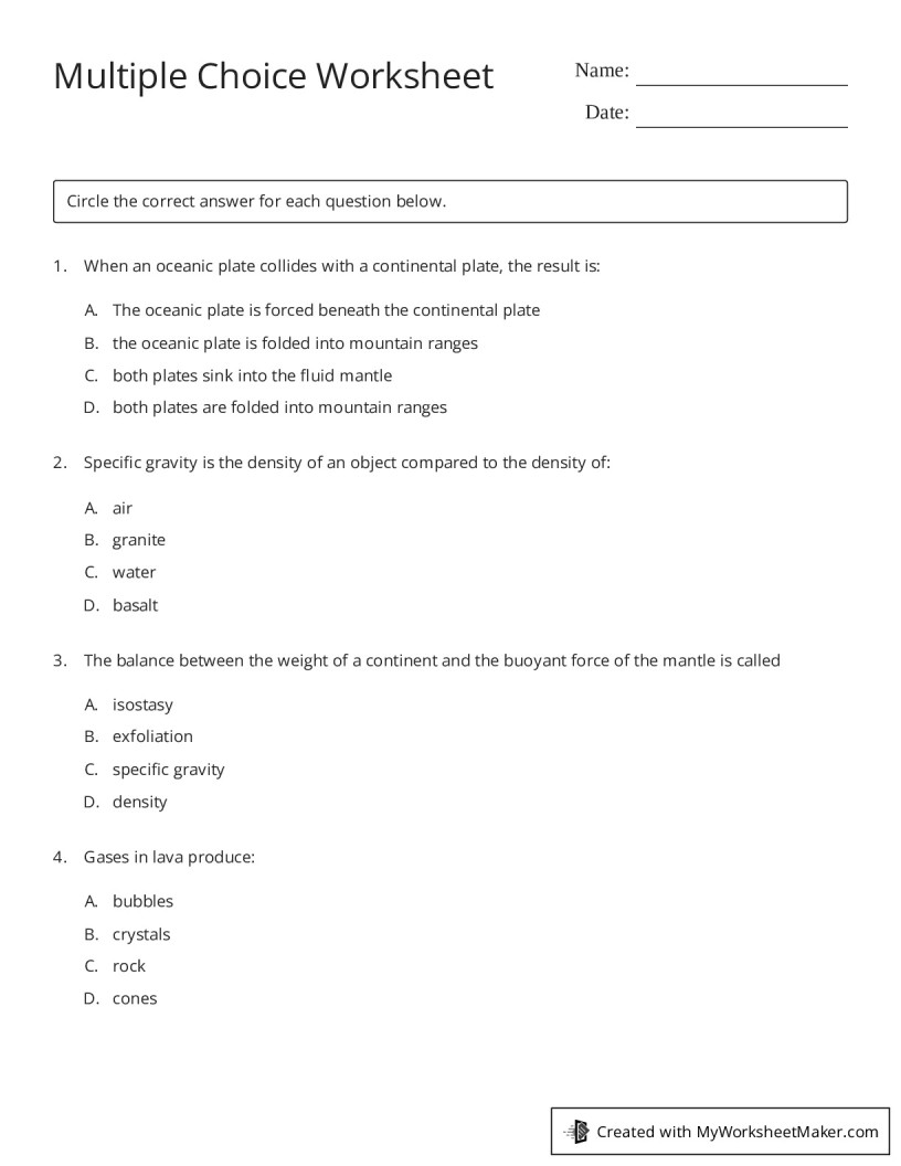 Multiple Choice Worksheet - My Worksheet Maker: Create Your Own Worksheets