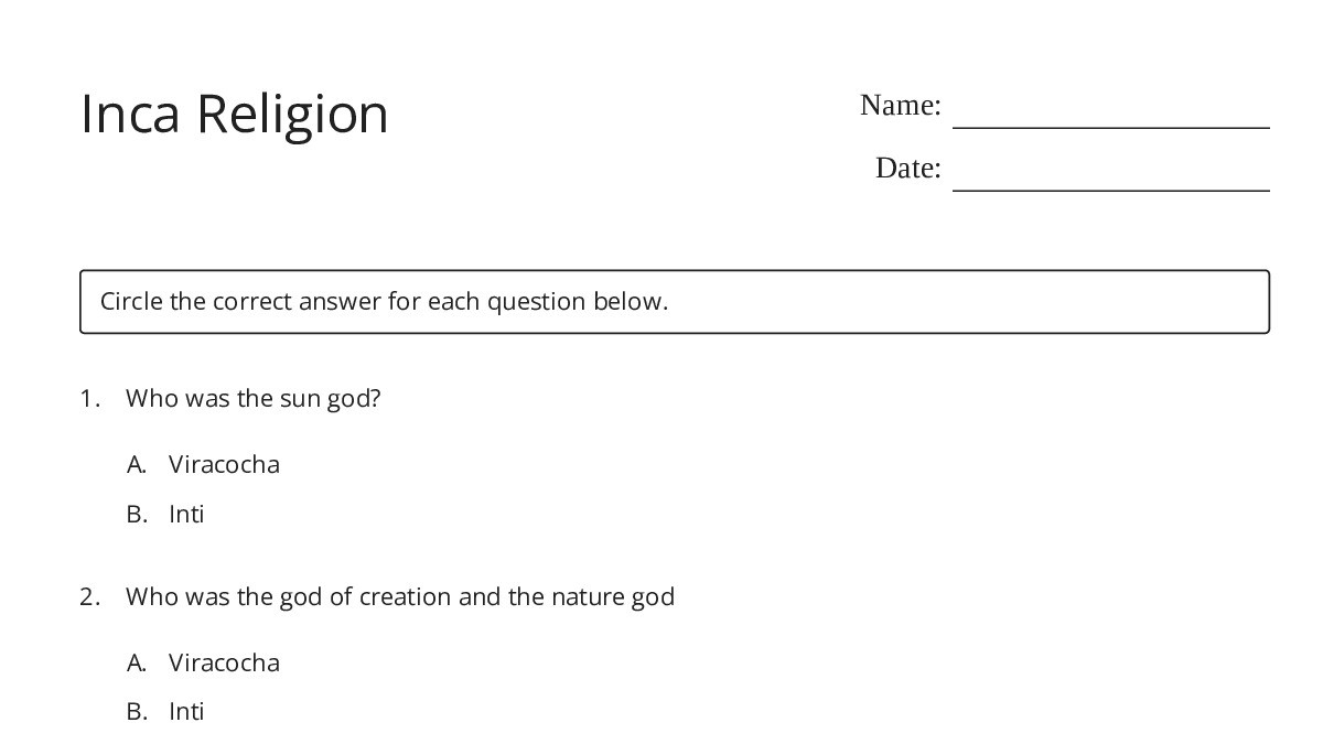 Inca Religion - My Worksheet Maker: Create Your Own Worksheets