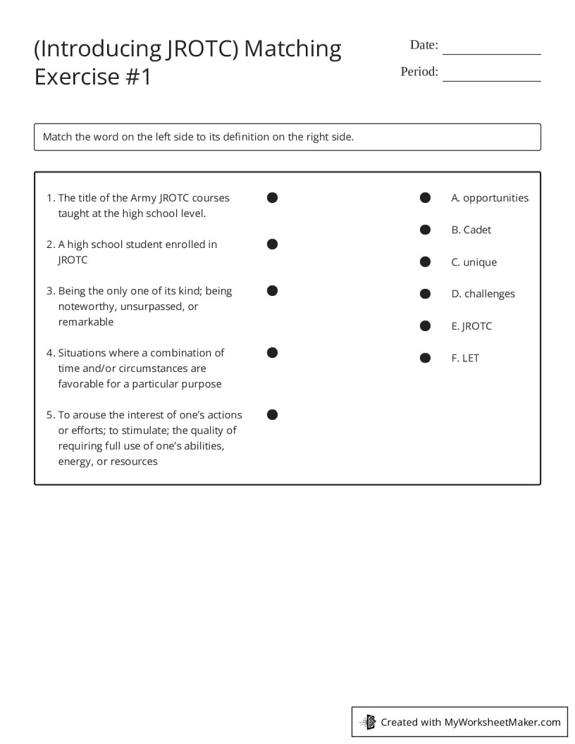 (Introducing JROTC) Matching Exercise #1 - My Worksheet Maker: Create ...