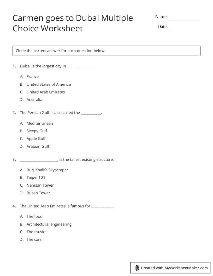 Carmen goes to Dubai Multiple Choice Worksheet - My Worksheet Maker ...