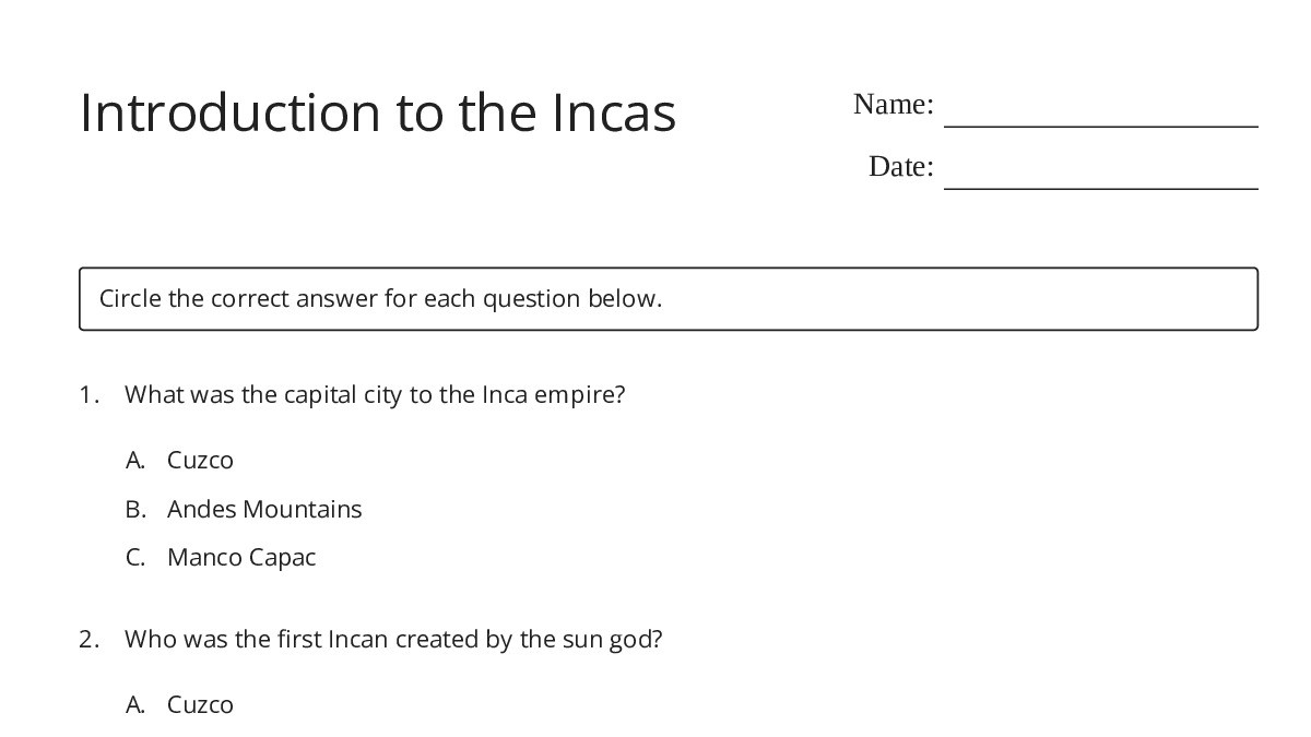 Introduction to the Incas - My Worksheet Maker: Create Your Own Worksheets