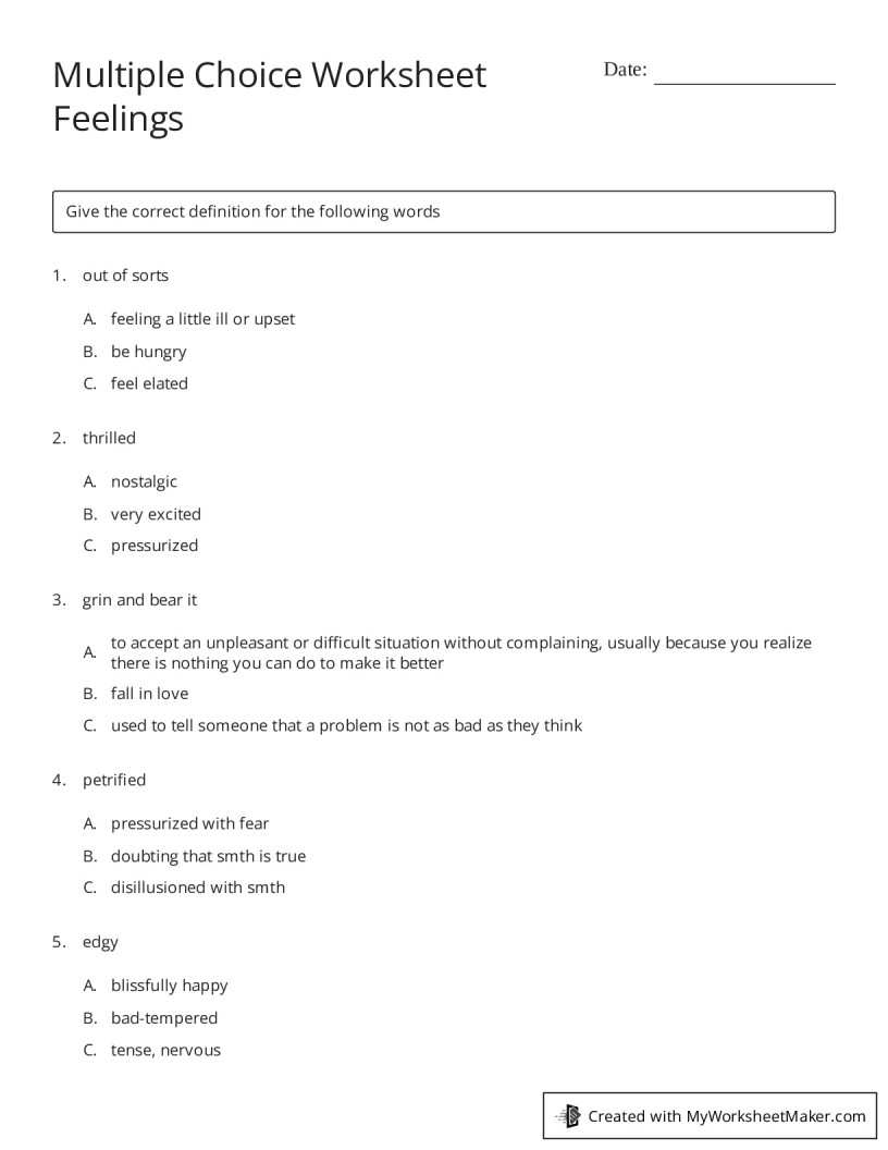 Multiple Choice Worksheet Feelings - My Worksheet Maker: Create Your ...