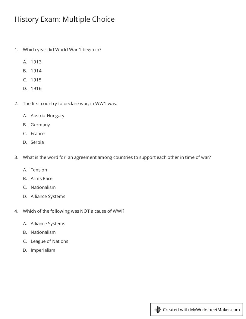 History Exam: Multiple Choice - My Worksheet Maker: Create Your Own ...