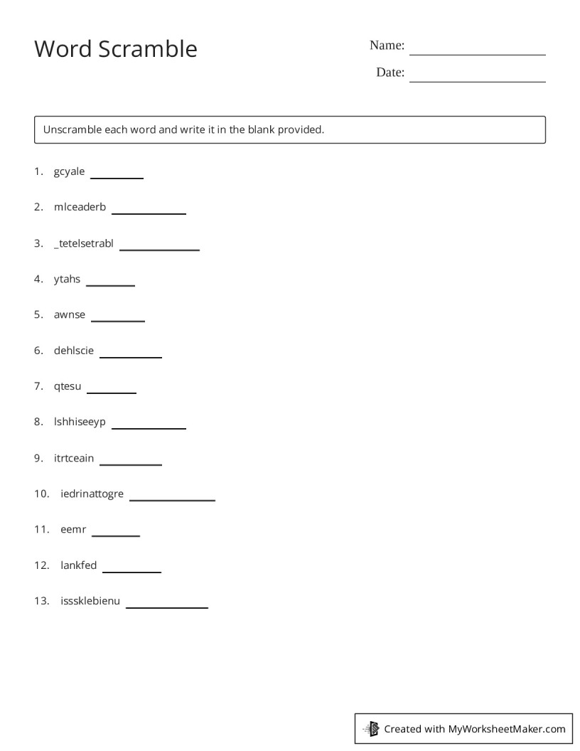 Word Scramble - My Worksheet Maker: Create Your Own Worksheets