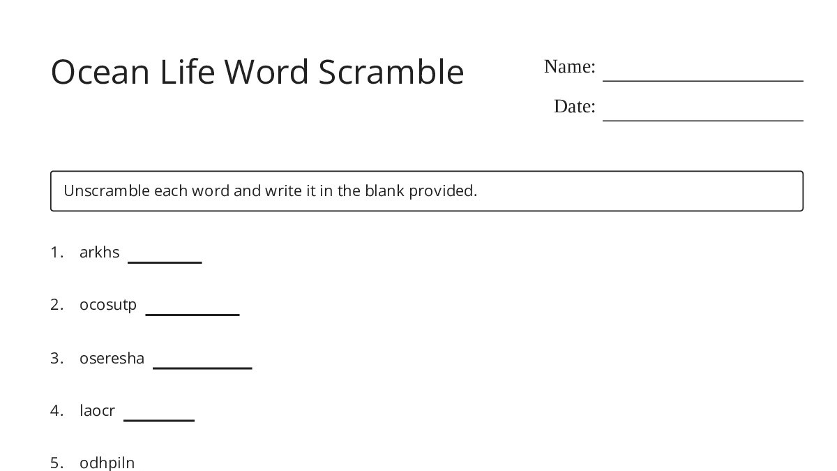 Ocean Life Word Scramble - My Worksheet Maker: Create Your Own Worksheets