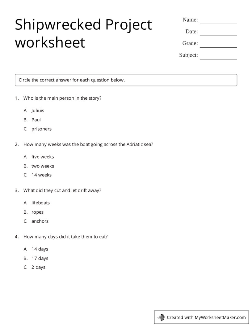 Shipwrecked Project worksheet - My Worksheet Maker: Create Your Own Worksheets