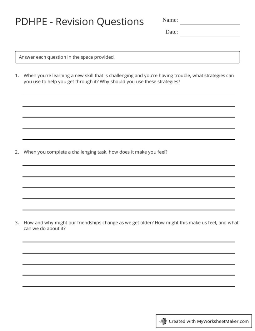 PDHPE - Revision Questions - My Worksheet Maker: Create Your Own Worksheets